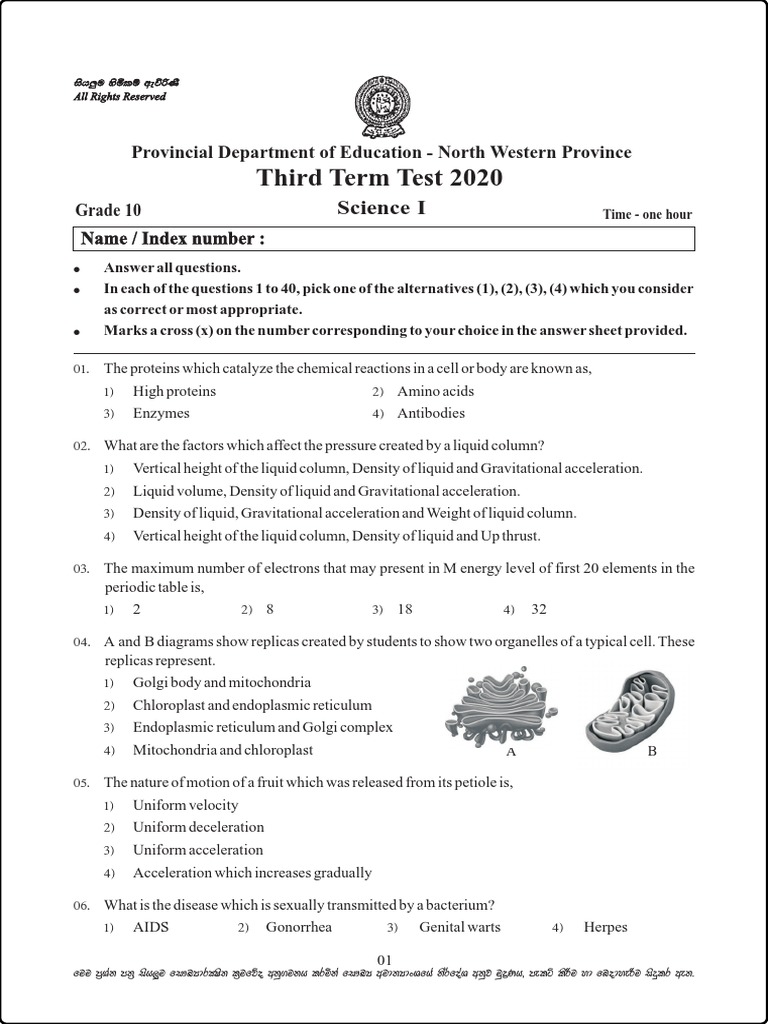 Grade 10 Science 3rd Term Test Paper 2020 English Medium - North ...