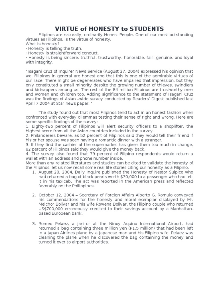 Filipino Honesty: Stories and Virtues | PDF | Philippines