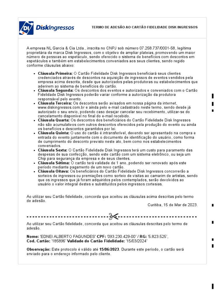 Cartão Fidelidade Disk Ingressos: Benefícios e Regras | PDF