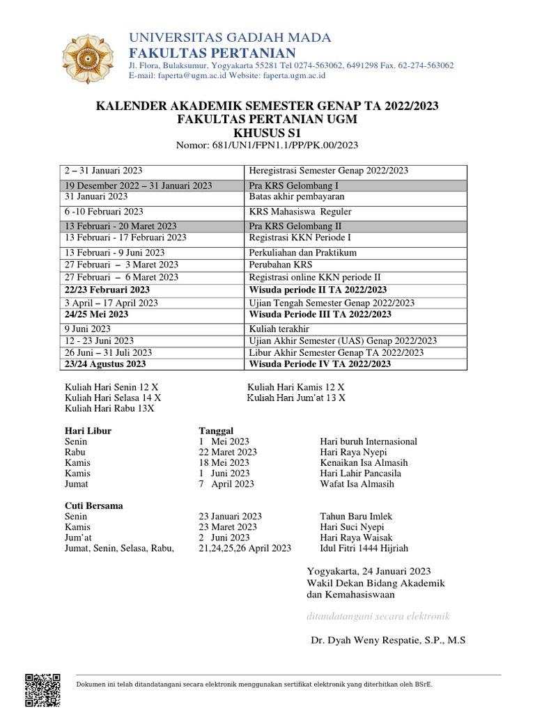 Kalender Akademik Faperta UGM 2023 | PDF