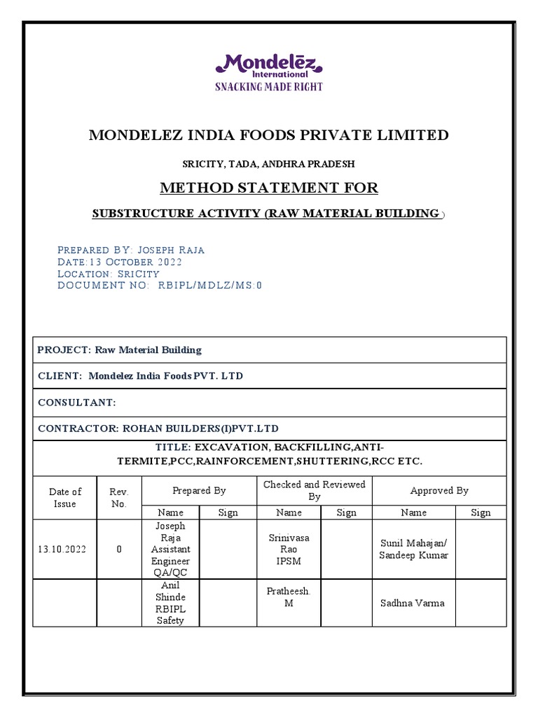 Method Statement For SubStructure Activity | PDF | Concrete