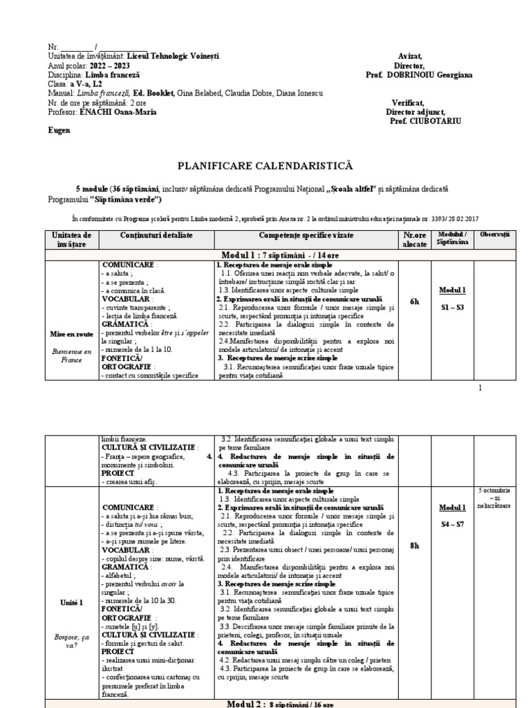 Planificare Franceza Clasa A V-A 2022-2023 | PDF
