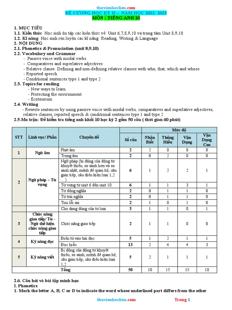 De Cuong On Tap Tieng Anh 10 Global Hoc Ky 2 | PDF