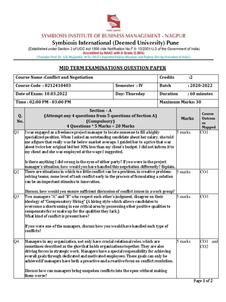 Mid Term Question Paper - Conflict and Negotiation - Sem IV Batch 2020 ...