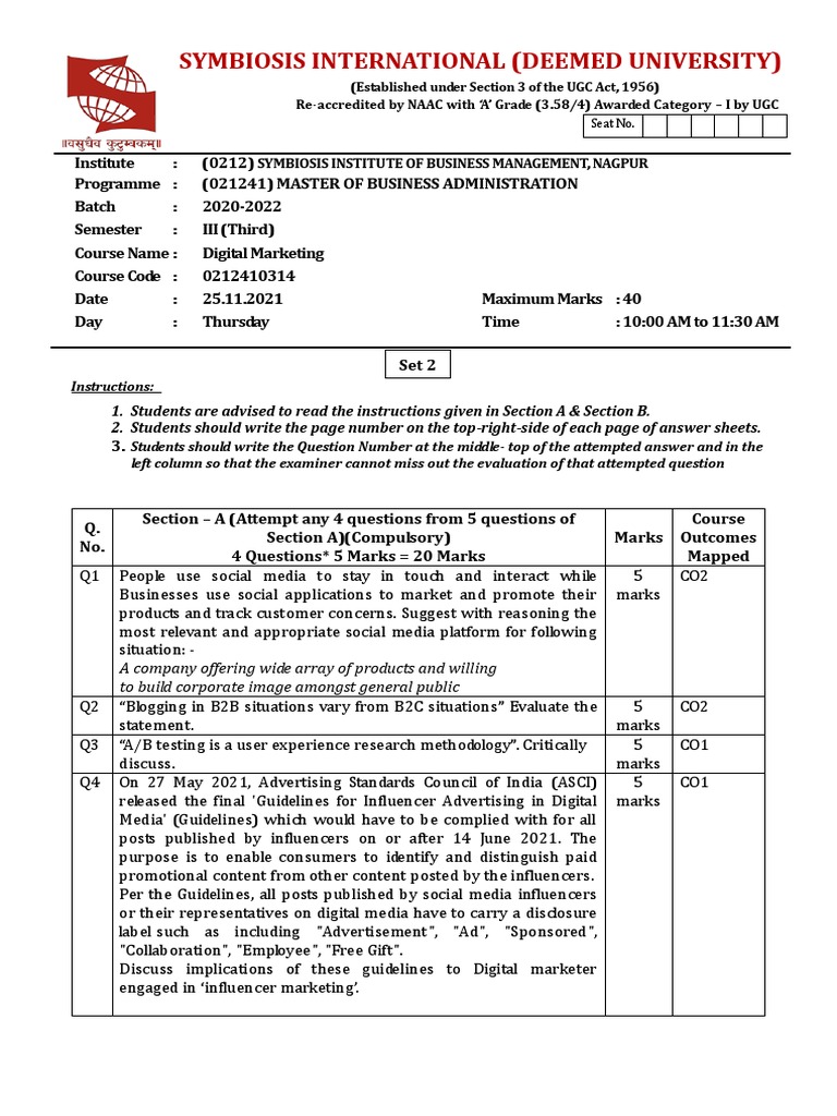 Digital Marketing Question Paper Set 2 Semester Iii Pdf Pdf
