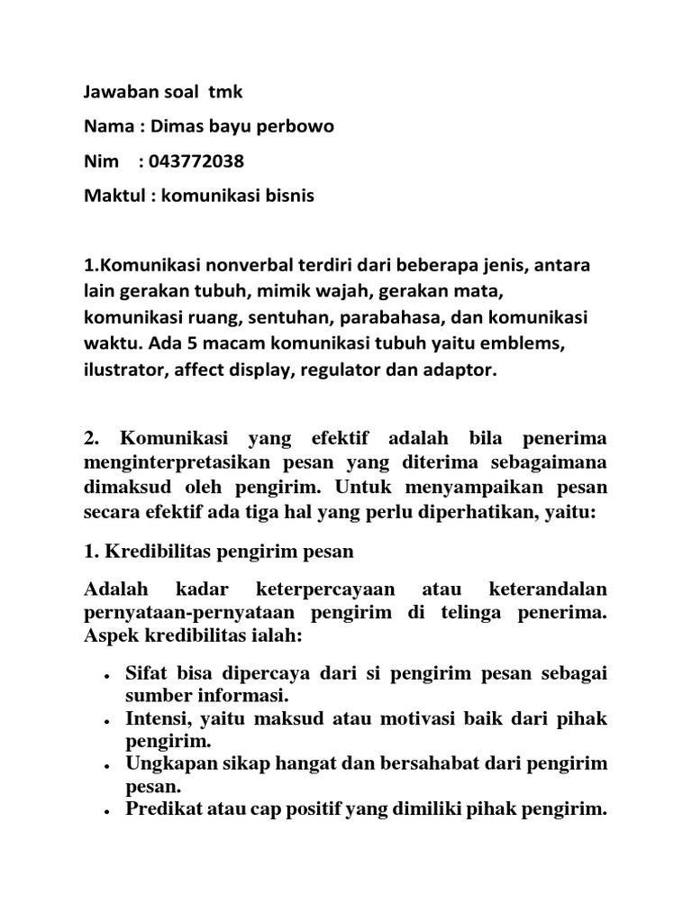 Jawaban Soal TMK Komunikasi Bisnis 2023 | PDF