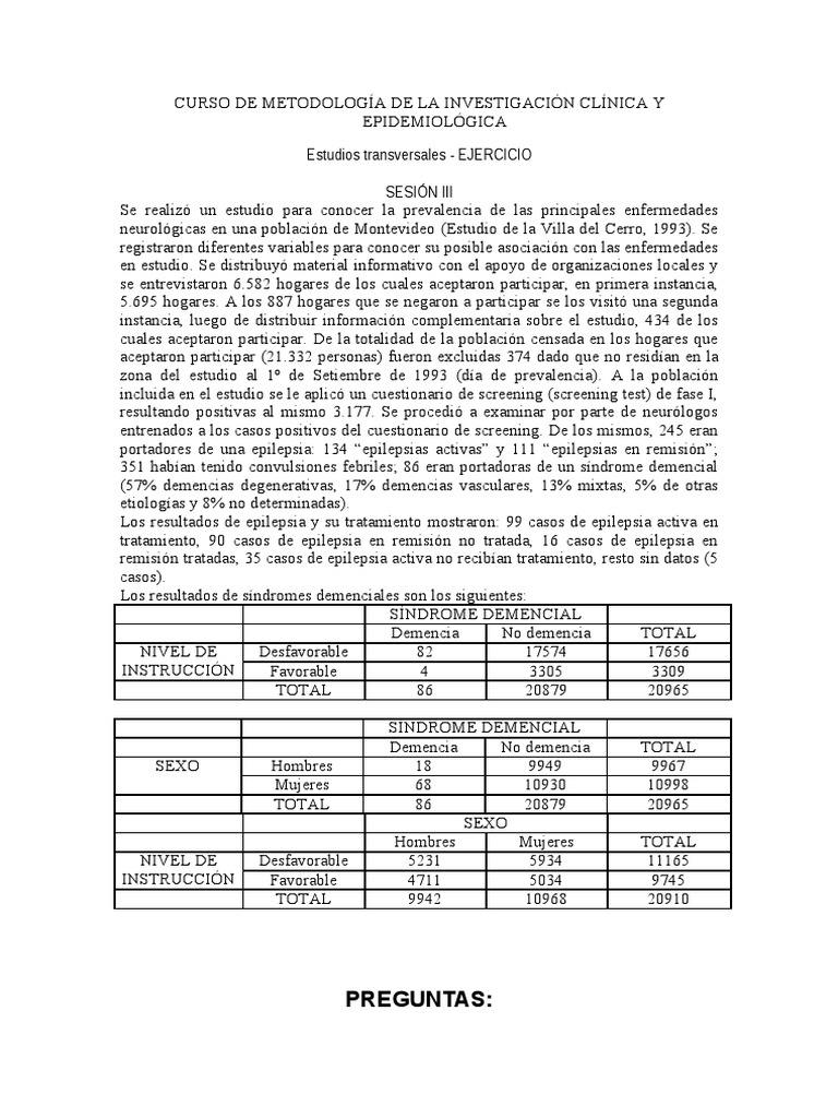 Estudios Transversales Ejercicio PDF | PDF