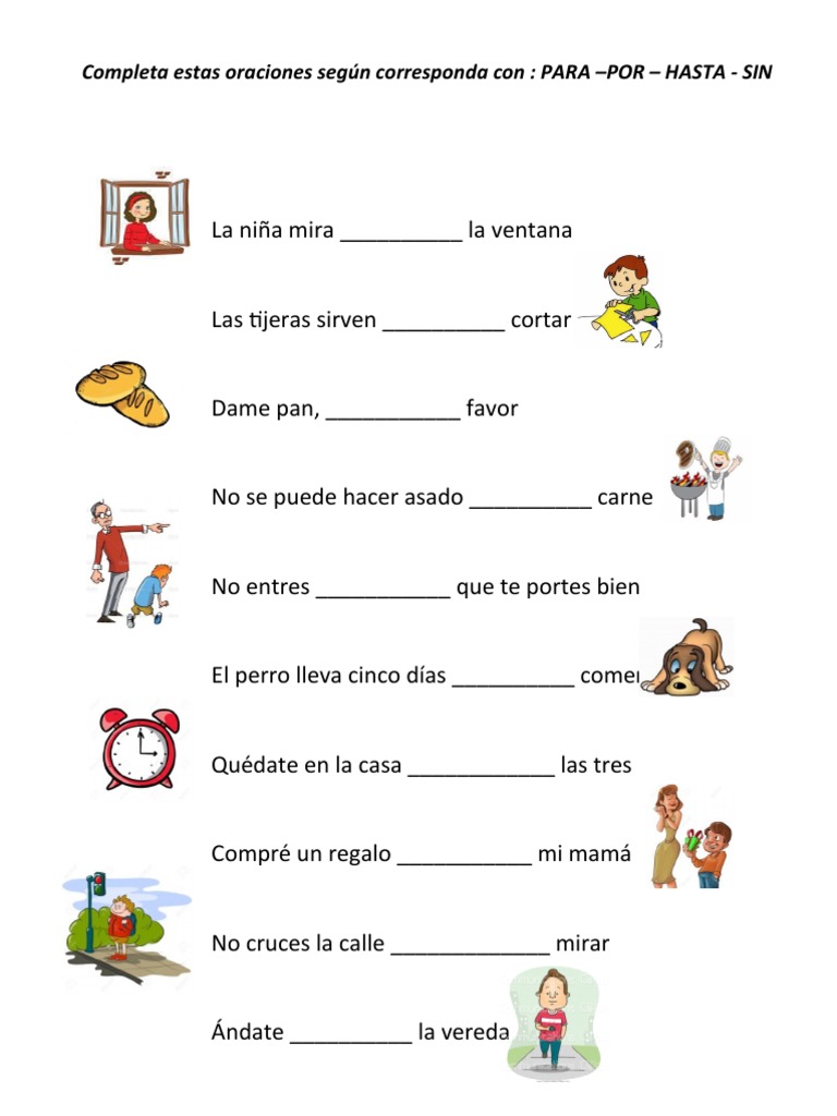 Preposiciones - SIN POR PARA HASTA - Completar Oraciones | PDF