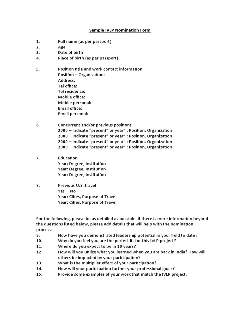 IVLP Nomination Form Template | PDF