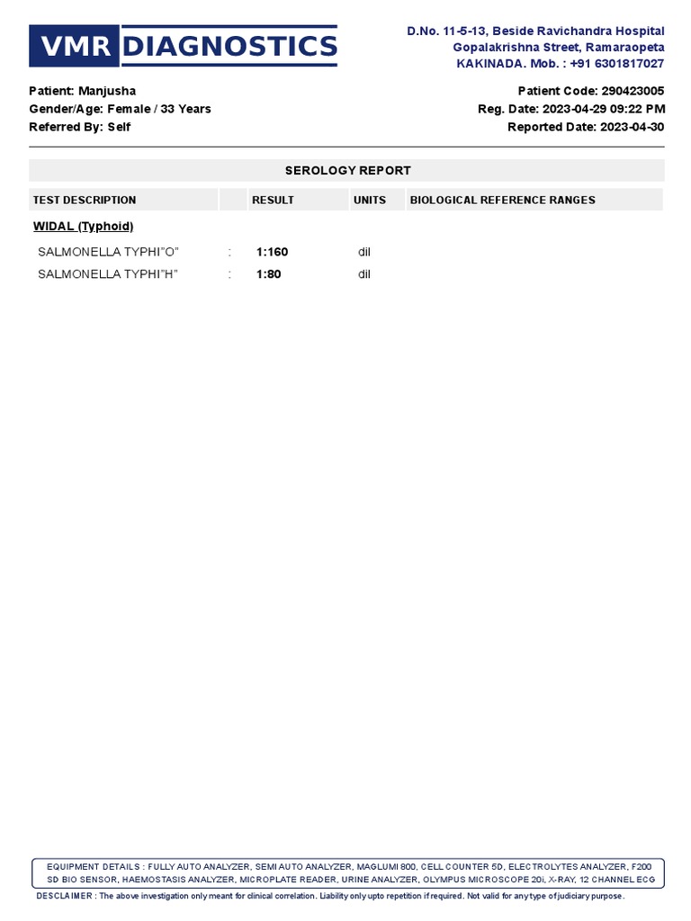 Typhoid Test Report for Manjusha | PDF