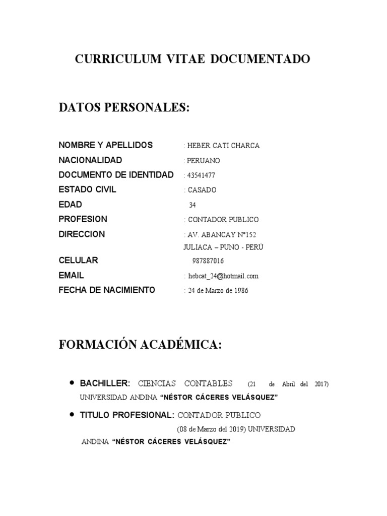 Curriculum Vitae Documentado Datos Personales | PDF