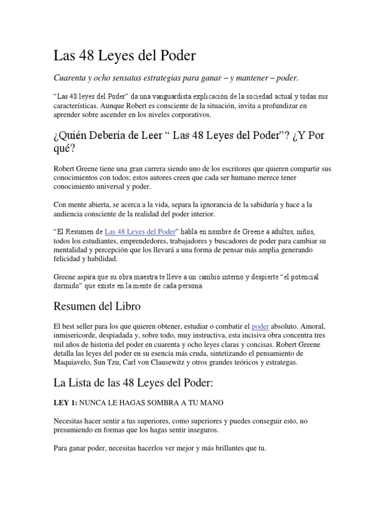 Las 48 Leyes Del Poder Resumen PDF | PDF
