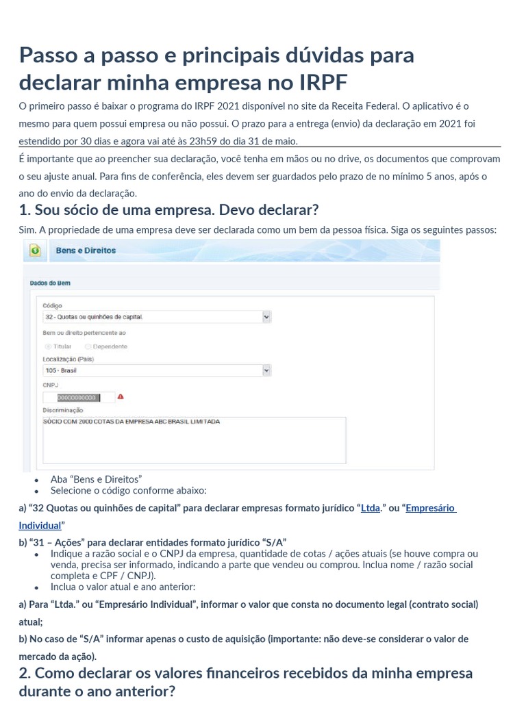 Passo a passo e principais dúvidas para declarar minha empresa no IRPF.docx | PDF | Imposto de ...