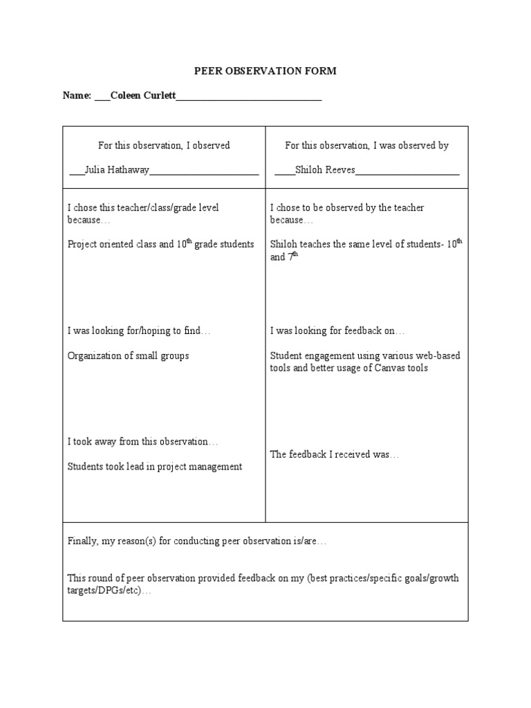 peer observation form - curlett2023 | PDF