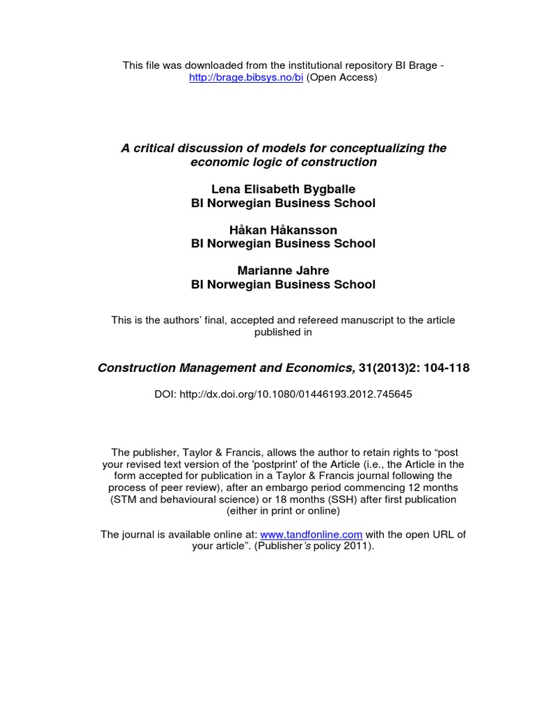 Models for Conceptualizing the Economic Logic of Construction | PDF
