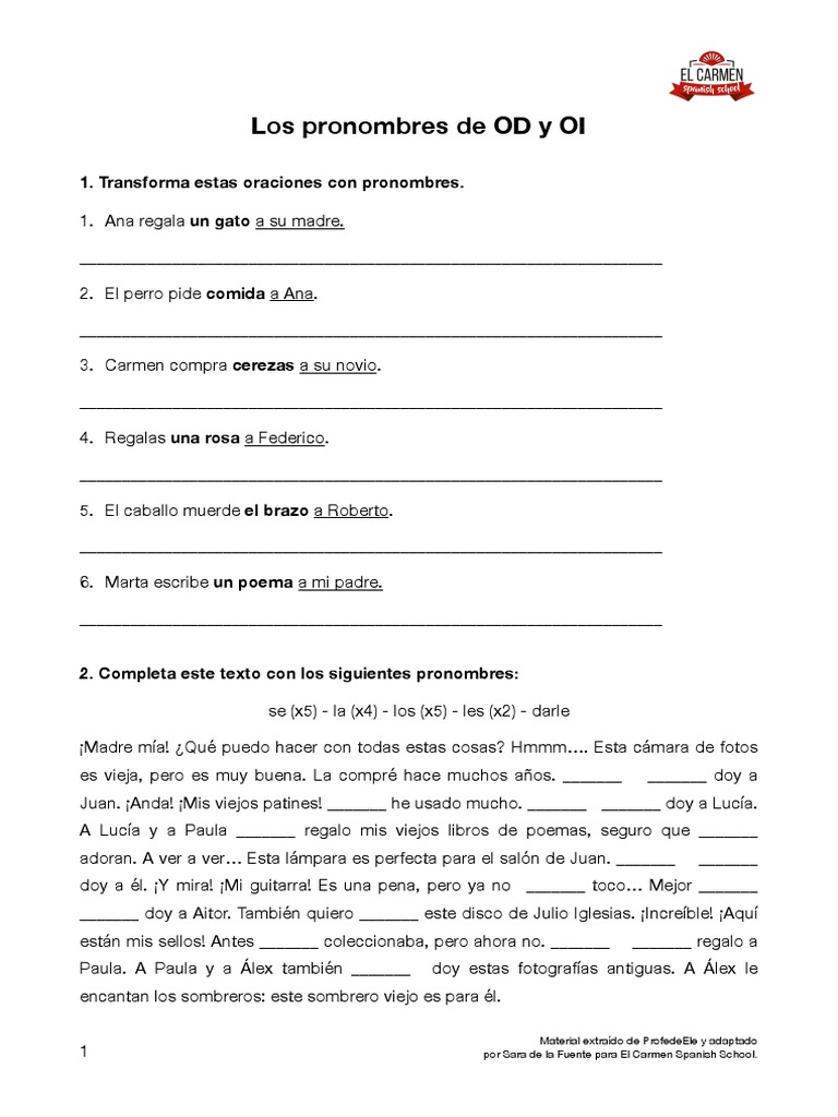 Pronombres OD y OI Regalos de cumpleaños.pdf | PDF