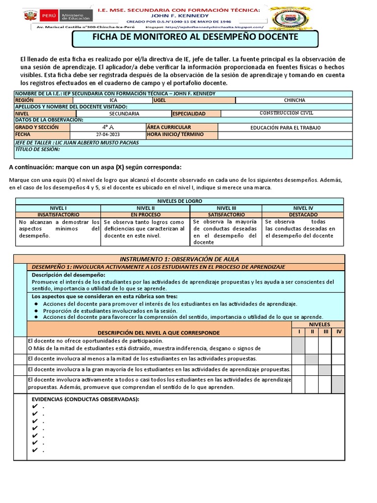 Ficha de Monitoreo Al Desempeño Docente - Ept 2022 - 2 | PDF