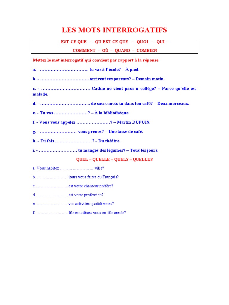 Mots Interrogatifs en Français | PDF