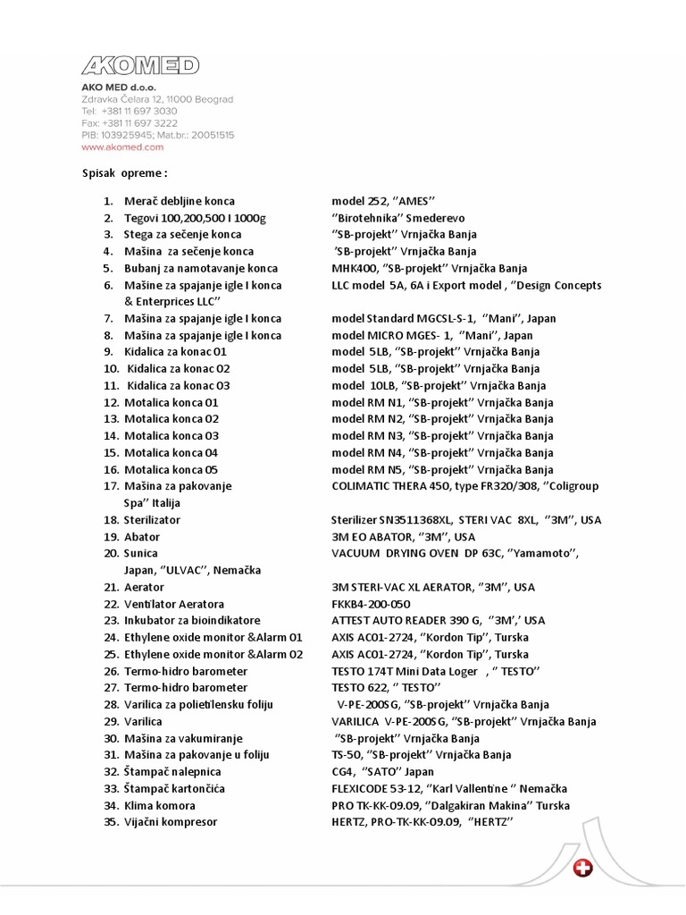 Spisak Opreme AKOMED | PDF