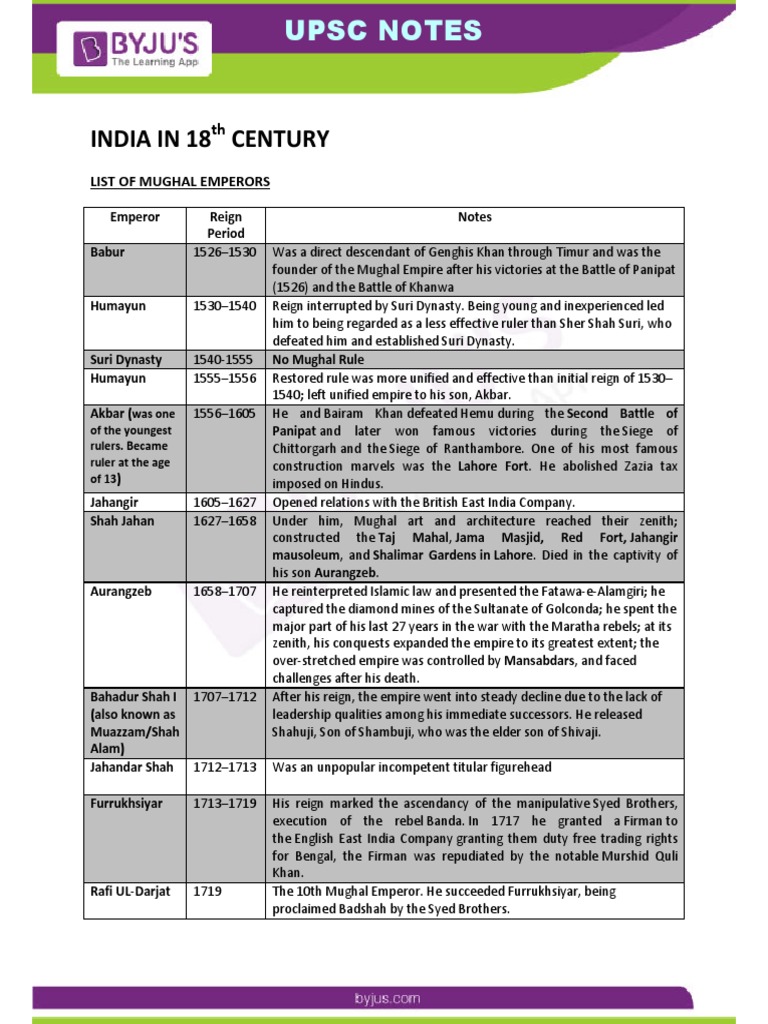 UPSC NOTES: 18th Century India and Rise of Independent States | PDF