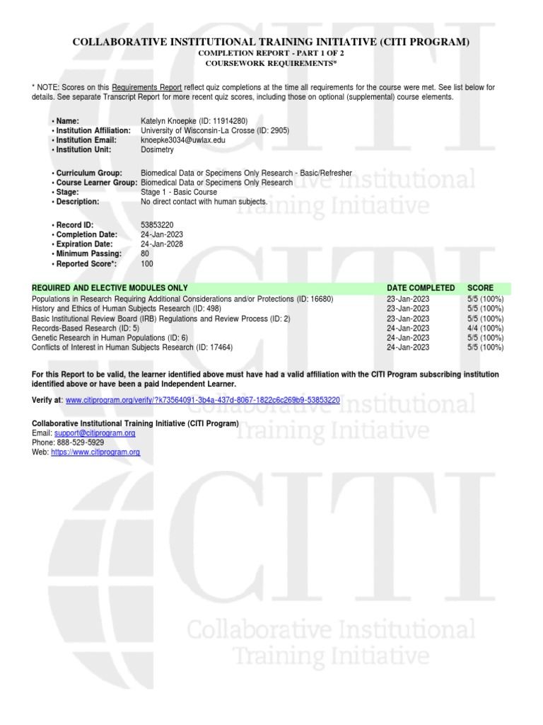 CITI Program Completion Report | PDF