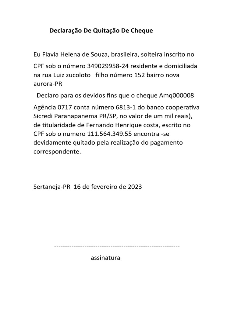 Declaração de Quitação de Cheque | PDF