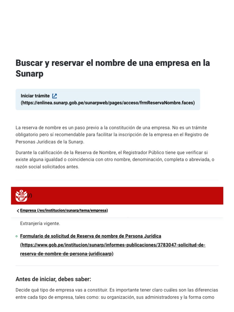 Buscar y Reservar El Nombre de Una Empresa en La Sunarp: Requisitos | PDF