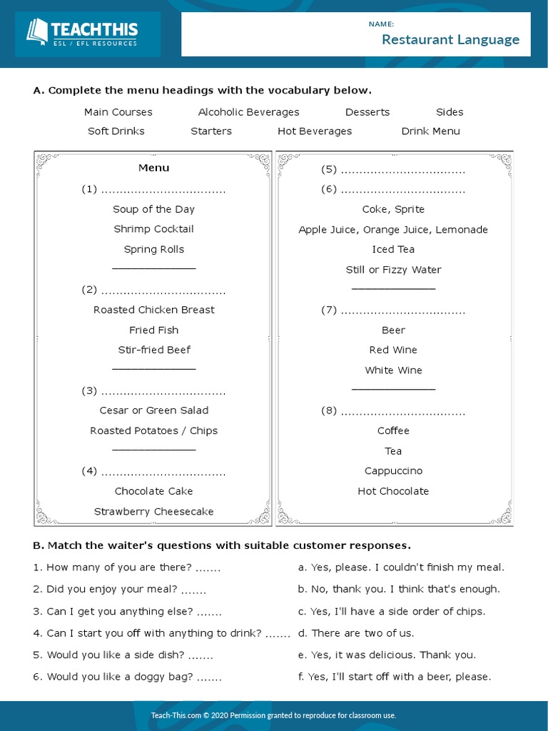 Restaurant Language Interactive Worksheet PDF | PDF | Drink | Waiting Staff
