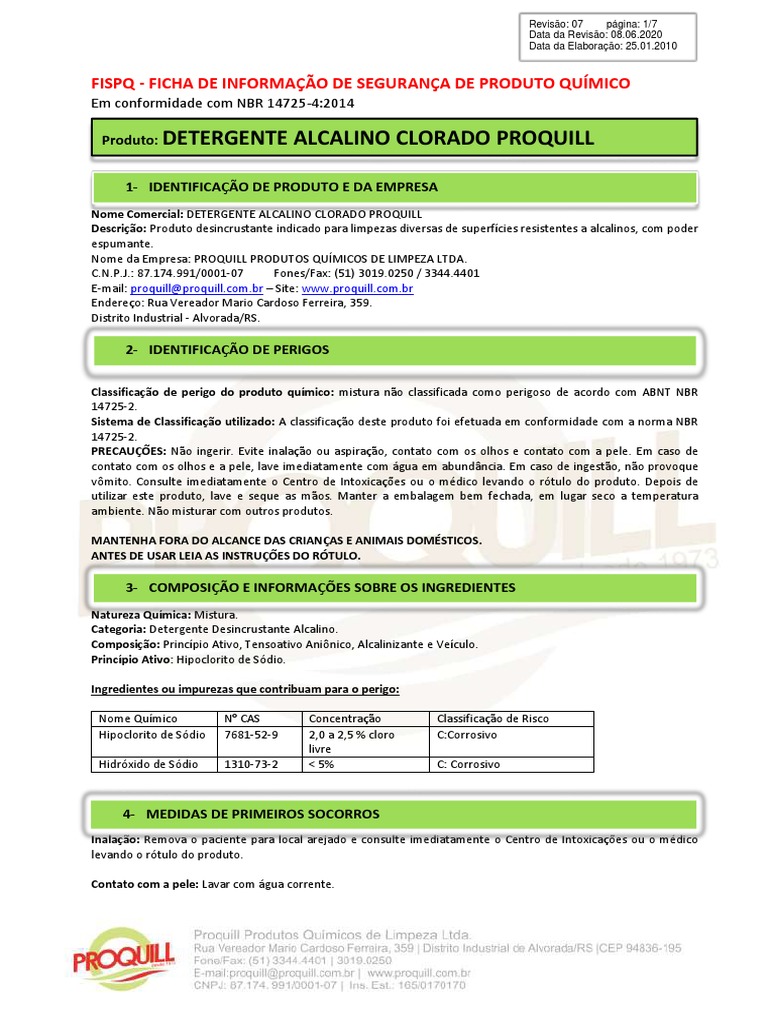 FISPQ Detergente Alcalino Clorado Proquill | PDF | Cloro | Desperdício