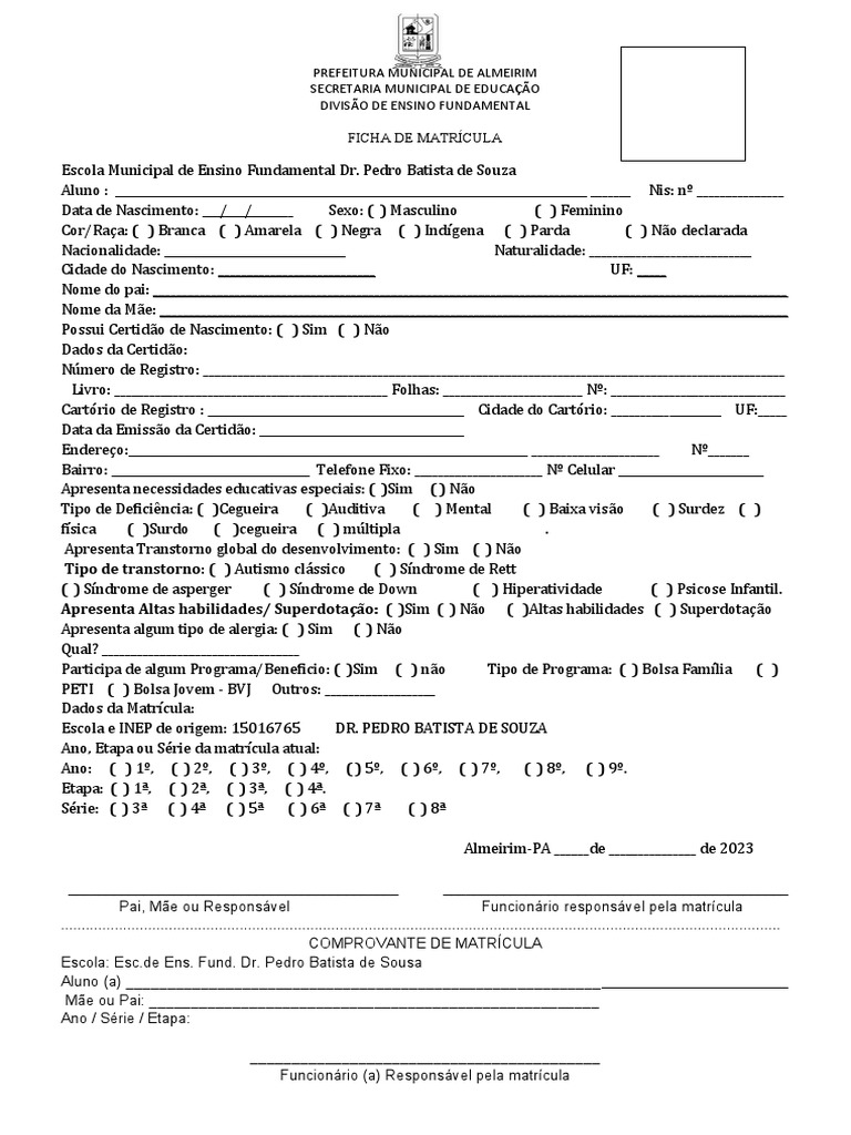 Ficha De Matrícula E Comprovante De Matrícula Da Escola Municipal De