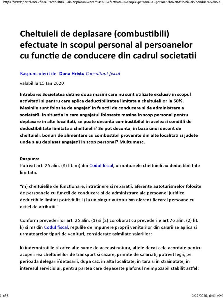 Cheltuieli de Deplasare (Combustibili) Efectuate in Scopul Personal Al Persoanelor Cu Functie de ...