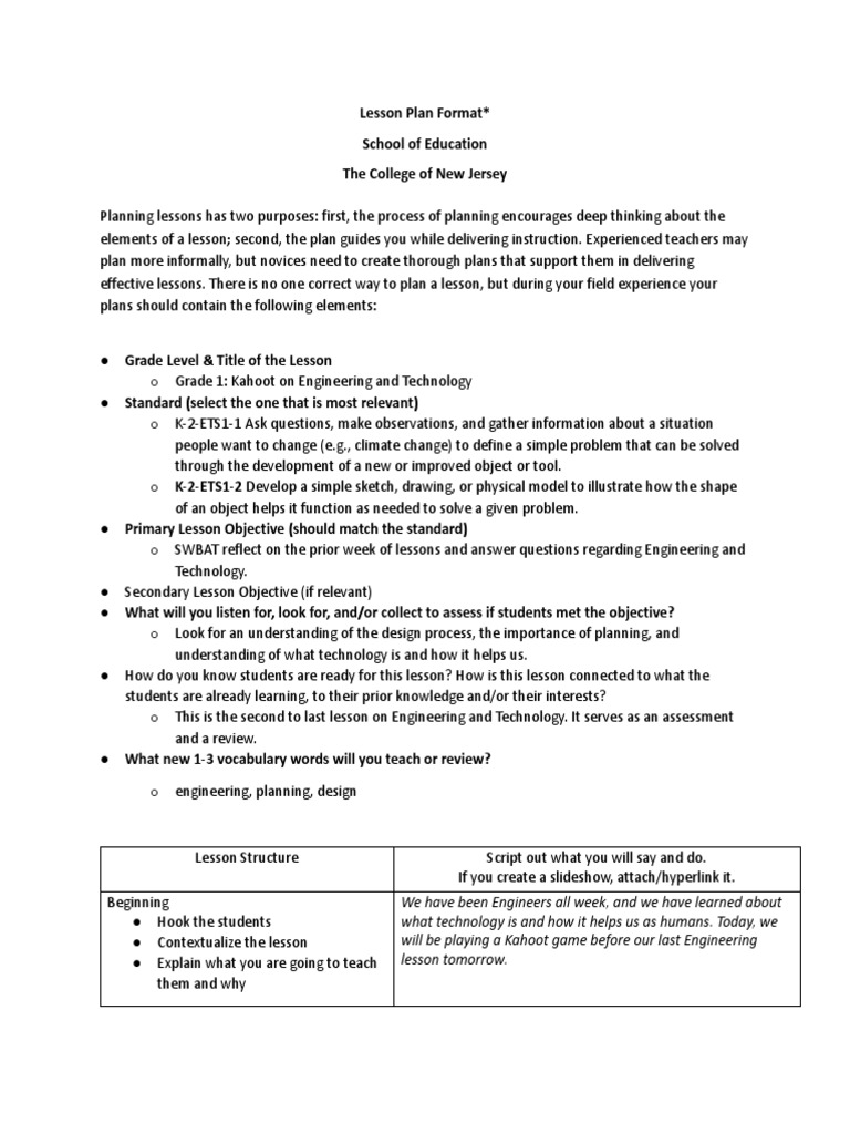 Unit Lesson Plan Engineering and Technology Kahoot | PDF