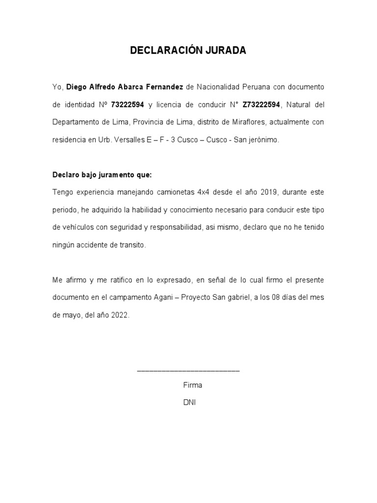 DECLARACION JURADA DE MANEJO.docx | PDF