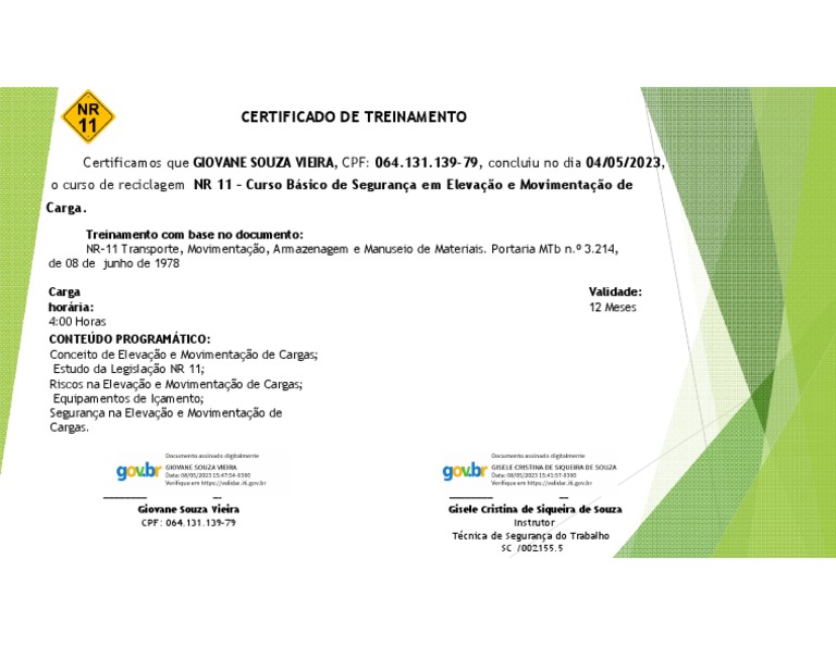 Certificados NR 11 Semacald Giovane Assinado Assinado | PDF