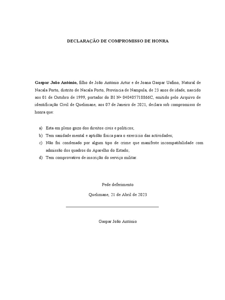 Declaracao de compromisso de honra.docx | PDF