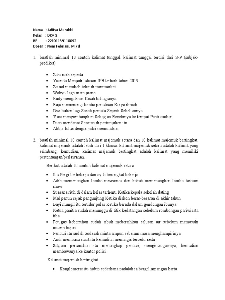 Buatlah Minimal 10 Contoh Kalimat Tunggal | PDF