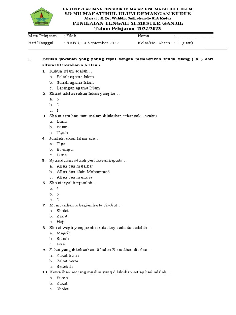 Soal Fikih Kelas 1 | PDF
