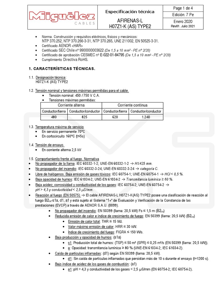Conductor L H07Z1-K FT PE Ed5 AFIRENAS PDF | PDF