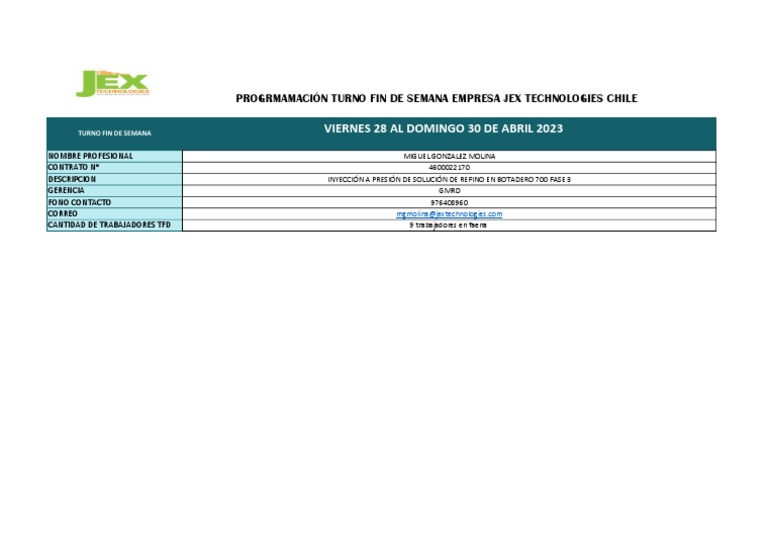 Turno Fin de Semana 28 Al 30 Abril Empresa Jex Technologies SpA. | PDF
