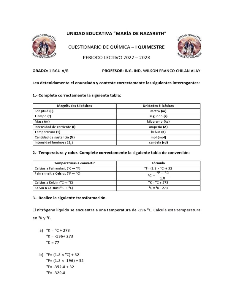Cuestionario Examen Química 1 Pdf