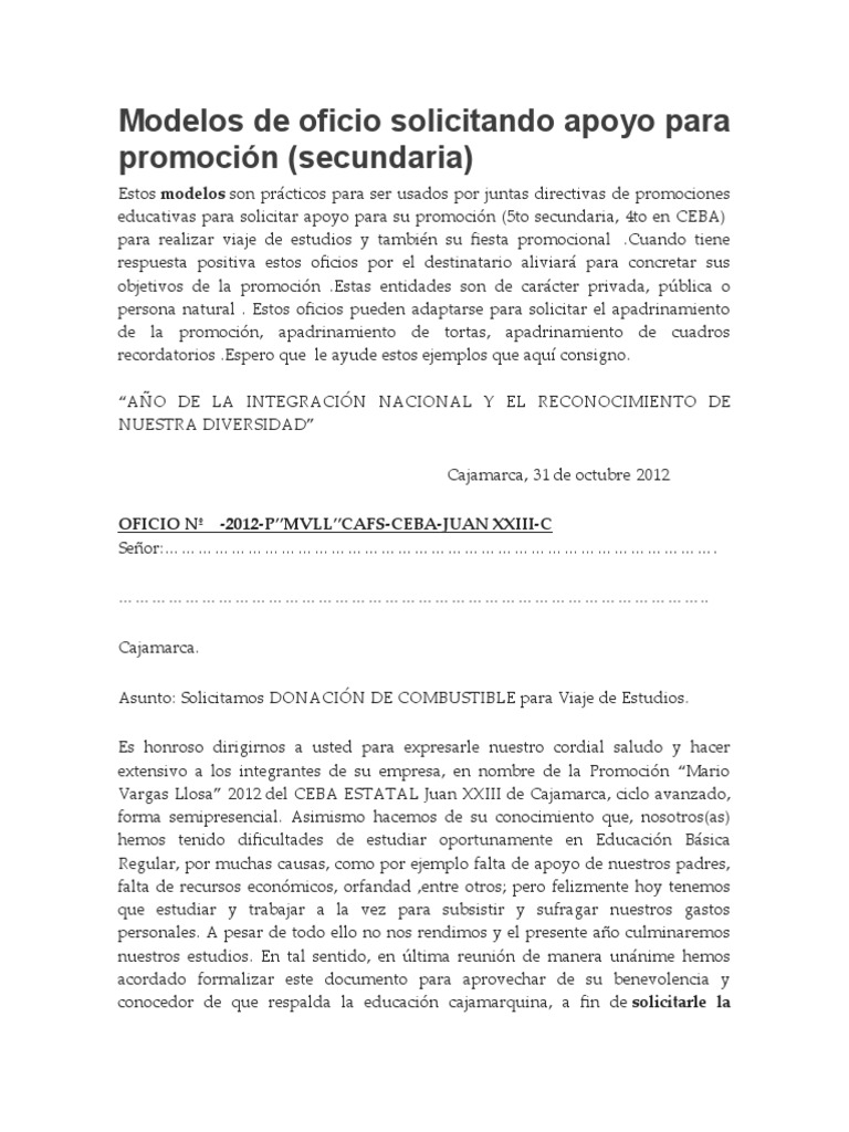 Modelos de Oficio Solicitando Apoyo para Promocion | PDF