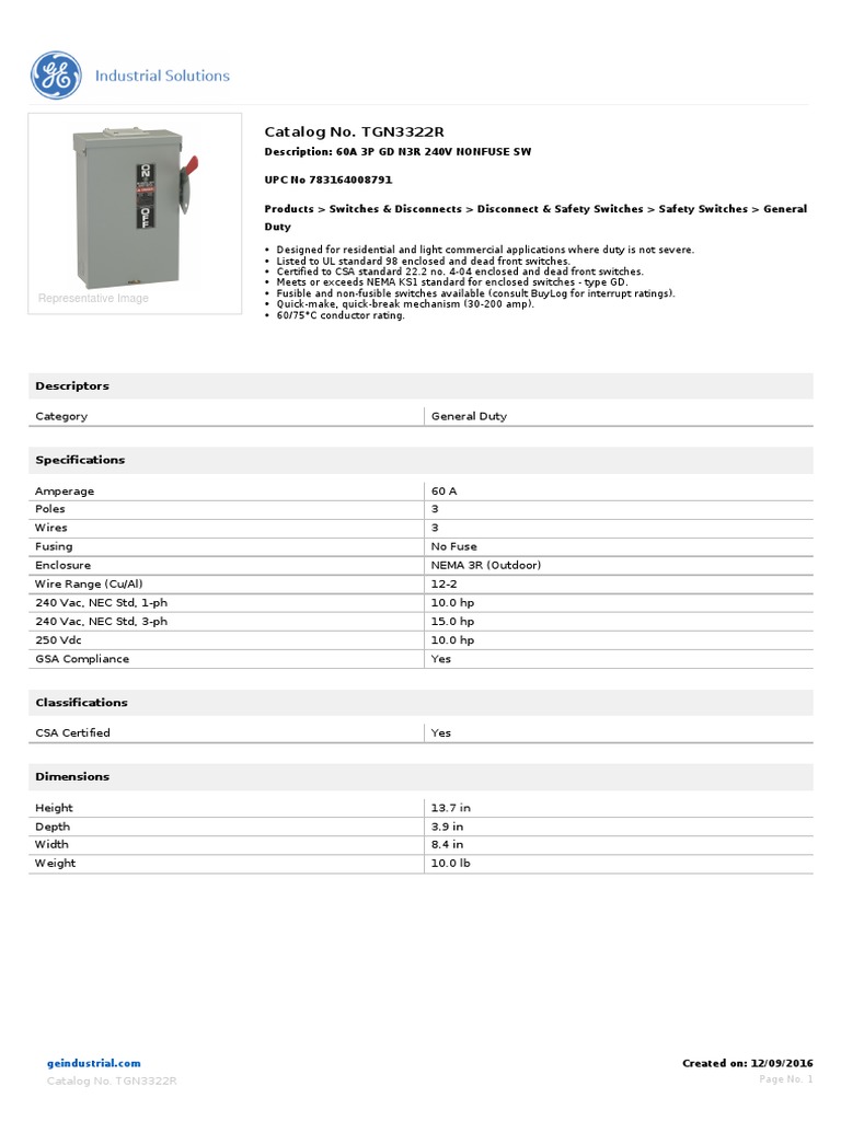 Ge Safetyswitch Tgnthirtythreetwentytwor Specs | PDF | Electrical ...