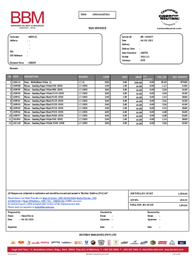 Tax Invoice: TIN#: 1000145GST501 | PDF | Payments | Business
