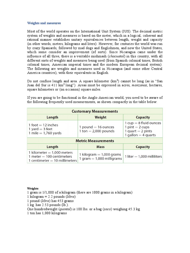 Nicaraguan Weights and Measures Guide | PDF | Pound (Mass) | Kilogram