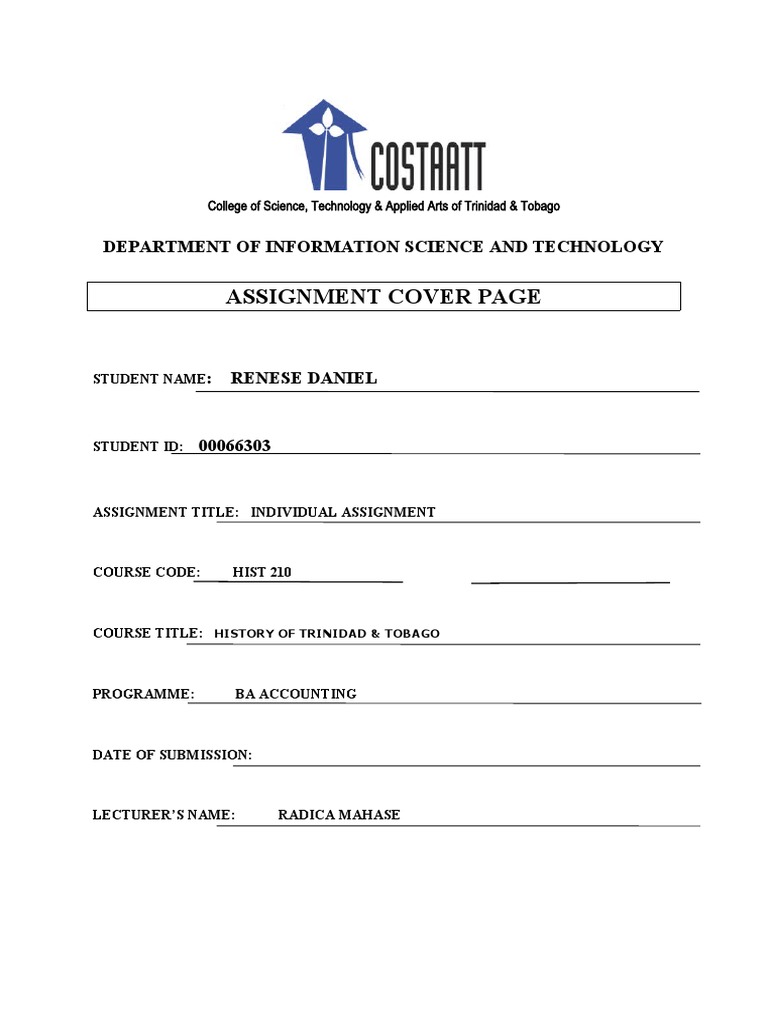 College of Science, Technology & Tobago history assignment cover | PDF | Sugarcane