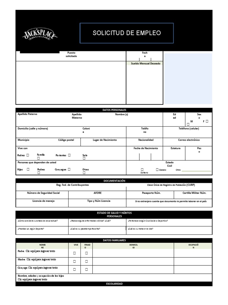 Formato Solicitud de Empleo Word | PDF