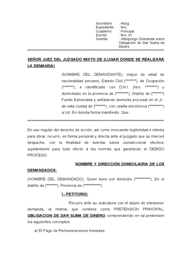 Demanda de Obligación de Dar Suma de Dinero | PDF | Demanda judicial ... Demanda de Obligación de Dar Suma de Dinero | PDF | Demanda judicial ...