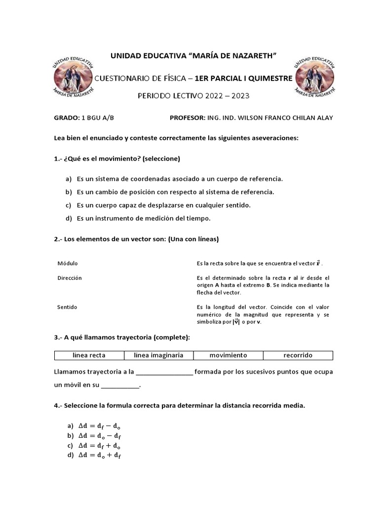 Cuestionario Física 1 PDF | PDF | Velocidad | Vector Euclidiano
