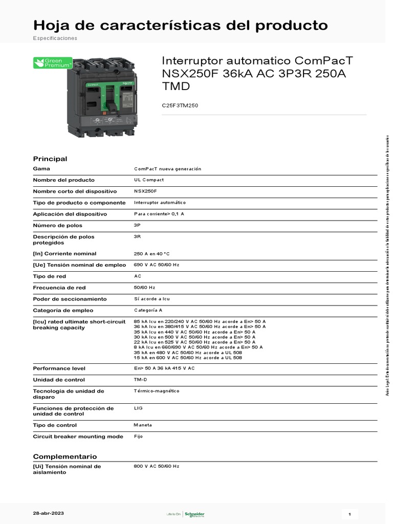 Schneider - 250 A. C25F3TM250 - NSX250F | PDF