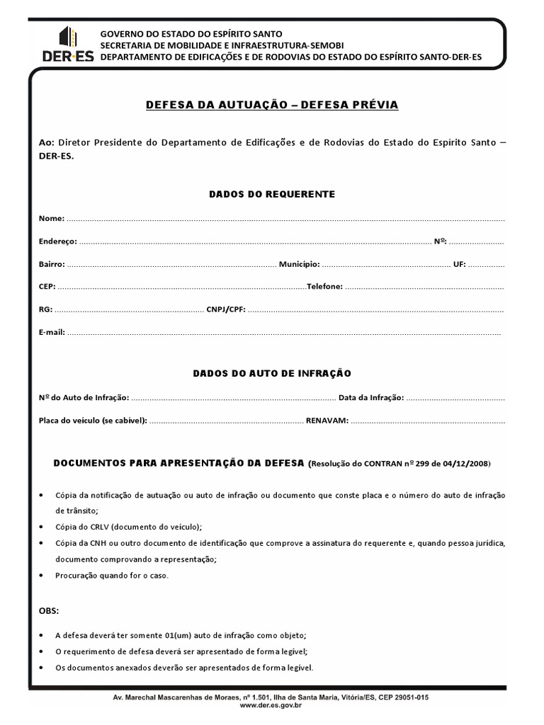 Formulario Defesa Previa Der Espirito Santo PDF | PDF